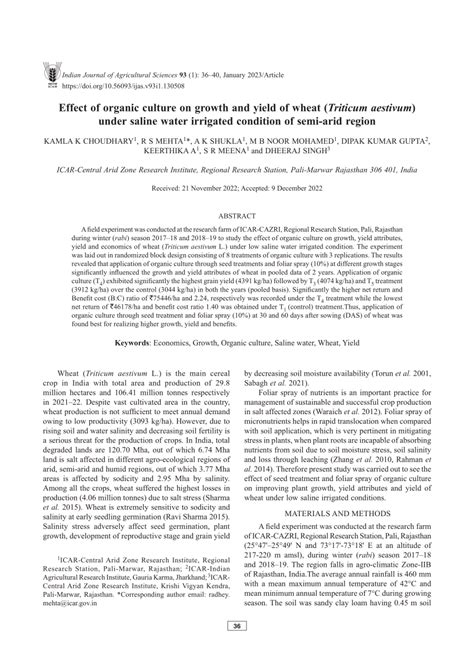 Pdf Effect Of Organic Culture On Growth And Yield Of Wheat Triticum Aestivum Under Saline