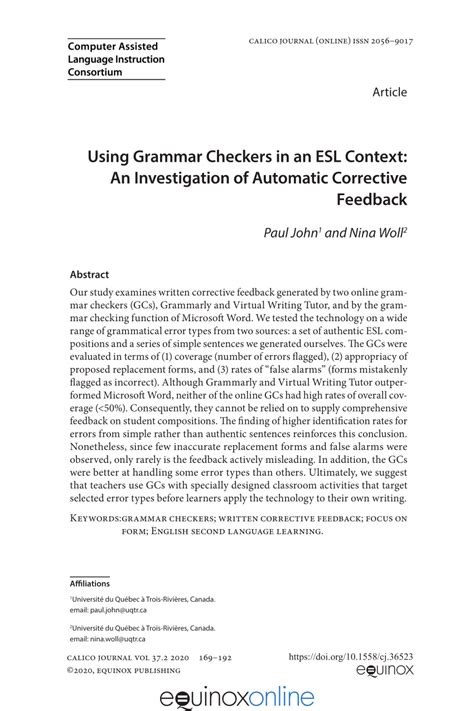 Pdf Using Grammar Checkers In An Esl Context An Investigation Of