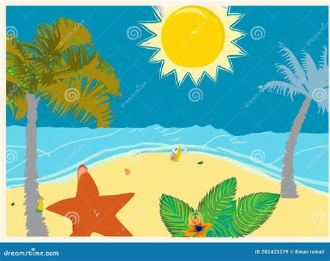 Illustration Of A Tropical Summer Vacation On The Beach Stock