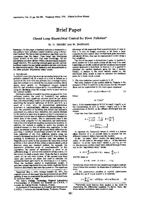 Pdf Closed Loop Hierarchical Control For River Pollution