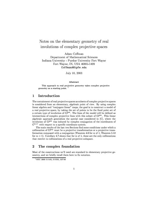 Pdf Notes On The Elementary Geometry Of Real Involutions Of Complex Projective Spaces