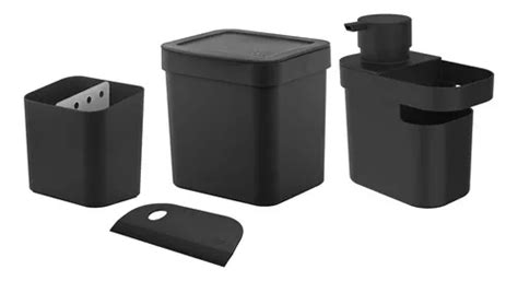 Kit Cozinha Escorredor Porta Detergente Lixeira L Preto MercadoLivre