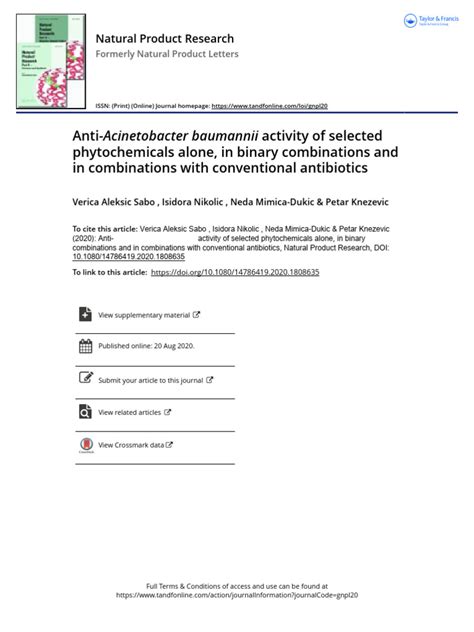 Anti Acinetobacter Baumannii Activity Of Selected Phytochemicals Alone