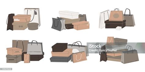 신발 상자 상점 패킷과 골판지 용기의 더미 선물 및 쇼핑 종이 봉투 컬렉션의 만화 스택 선물 구매 식료품 포장 및 선물 벡터 세트를 선물 가방에 대한 스톡 벡터 아트 및