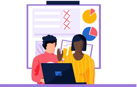 노트북을 가진 사람들은 포스터에 원형 차트를 가지고 작업합니다 동료는 데이터 재무 전략을 분석합니다 개발에 대한 스톡 벡터 아트 및 기타 이미지 Istock