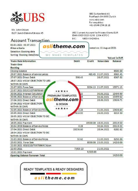 Switzerland Ubs Bank Statement Template In Excel An Pdf Format Account