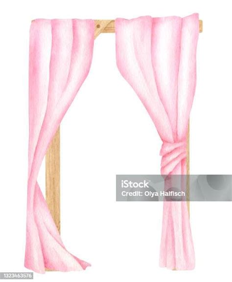 분홍색 커튼으로 장식 된 수채화 나무 광장 아치 흰색에 고립 된 손으로 그린 결혼식 아치 우아한 베일 드레이프 장식 소박한 자연