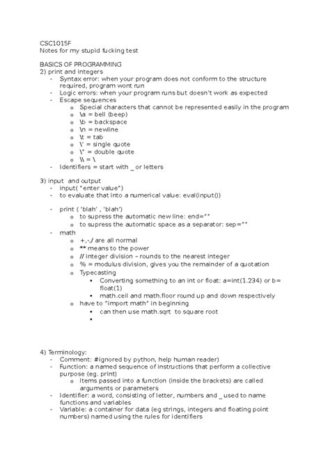 CSC1015F Notes Captured From Lecture CSC1015F Notes For My Stupid Fucking Test BASICS OF