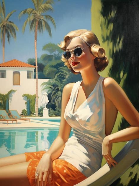 Premium Ai Image A Painting Of A Woman Wearing Sunglasses By A Pool