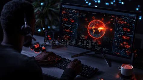 Cybersecurity Monitoring Operation Global Network Digital Art Night Environment Close Up View
