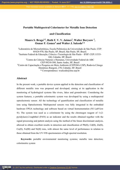 Pdf Portable Multispectral Colorimeter For Metallic Ions Detection And Classification