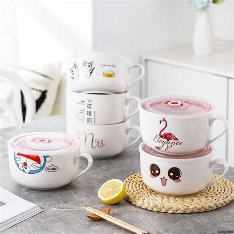 優質商品 日式陶瓷泡面碗帶蓋手柄碗宿舍方便面單個學生可愛餐具微波爐瓷碗 蝦皮購物