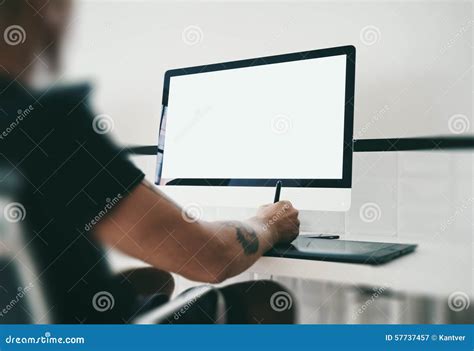 Man At Workspace With Generic Design Computer On Stock Image Image Of