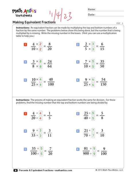 Math Antics Worksheets Percentsandequivalentfractions Answers Pdf