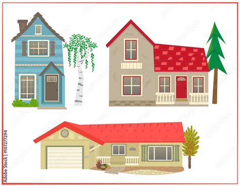 Cute Houses Cartoon Set Of Three Different Types Of Homes Eps10 Stock Vector Adobe Stock