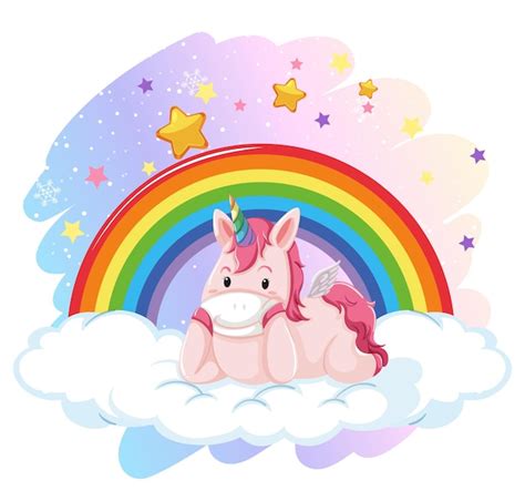 Lindo Unicornio En El Cielo Pastel Con Arcoiris Vector Gratis