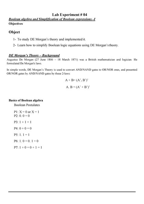 CS302 Lab Manual Week No Lab Experiment 04 Boolean Algebra And Simplification Of Boolean