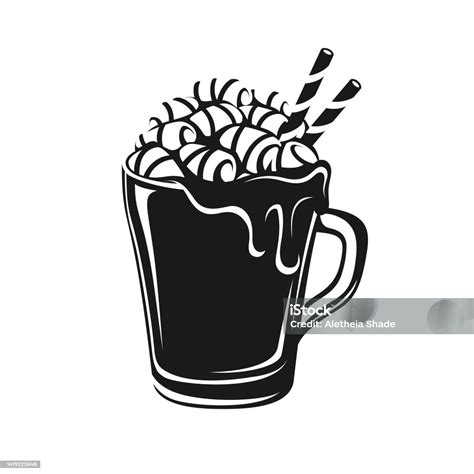 마시멜로 녹인 초코 시럽 및 빨대를 키 큰 유리 머그잔 실루엣으로 곁들인 핫 초콜릿 음료 Chrtistmas 카페 상점 메뉴 디자인 등을위한 상세한 평면 클립 아트 0명에