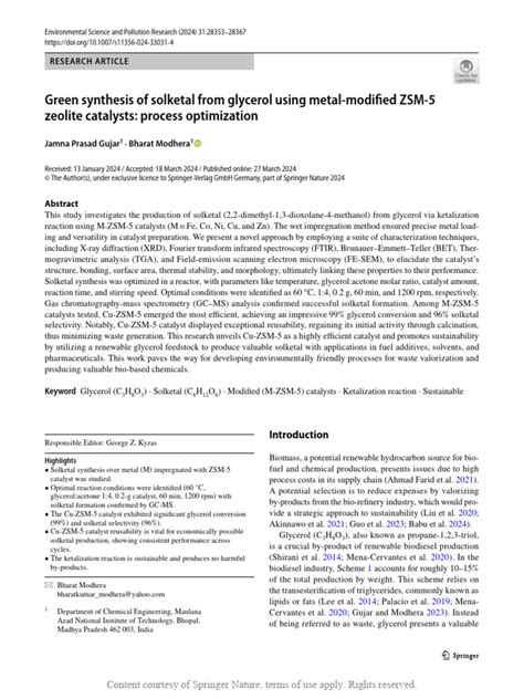 Green Synthesis Of Solketal From Glycerol Using Me Pdf Catalysis Biodiesel