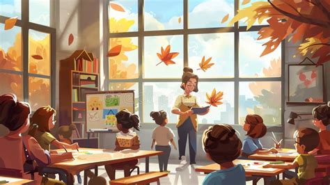 Elementary School Students Learning About Fall In A Classroom Setting