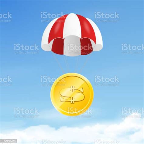 벡터 3d 현실적인 황금 달러 동전 푸른 하늘 배경에 낙하산과 센트 달러의 가격 상승 미국 Ccurrency의 웹 배너 금융