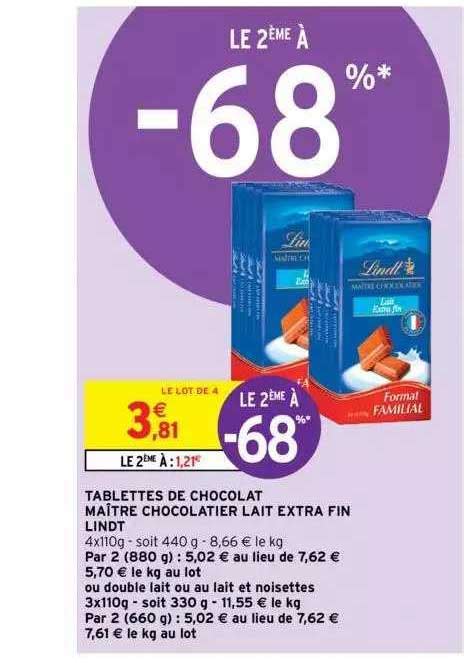 Promo Tablettes De Chocolat Maître Chocolatier Lait Extra Fin Lindt