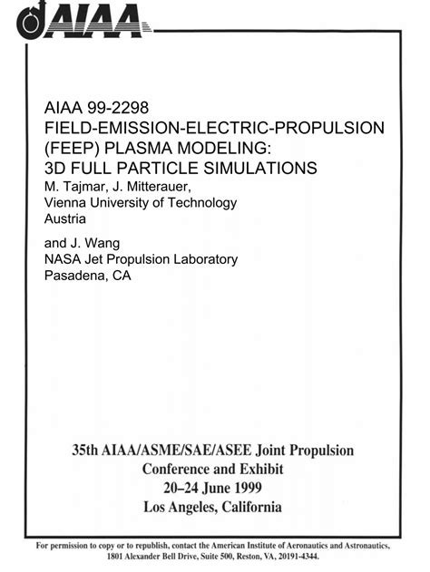 PDF Field Emission Electric Propulsion FEEP Plasma Modeling D Full Particle Simulations