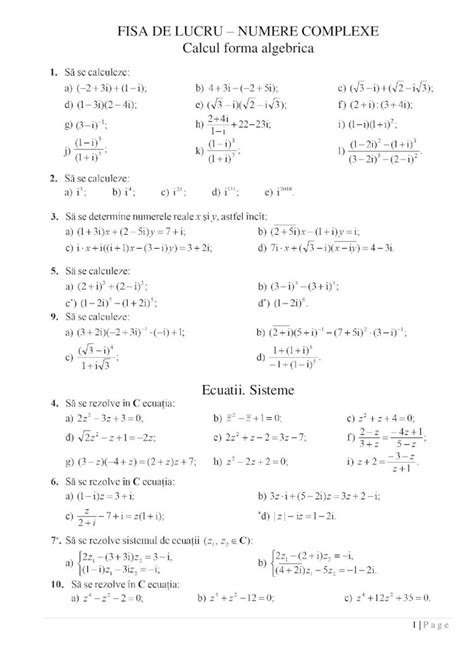 PDF FISA DE LUCRU NUMERE COMPLEXE Calcul Forma