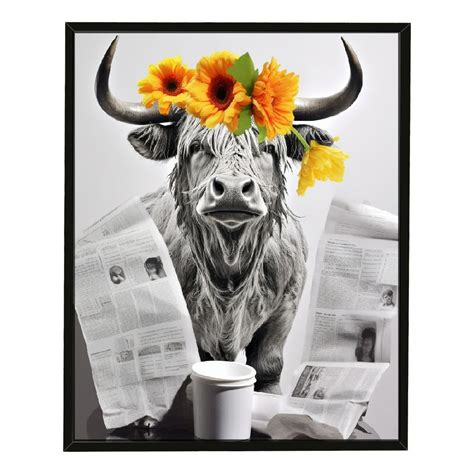 Nawypu Highland Cow Canvas Wall Art On Toilet Black And White Cow