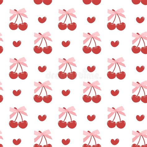 Cute Coquette Aesthetic Pattern Seamless Red Cherries With Pink Ribbon