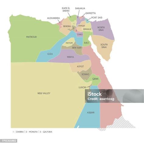 이집트의 벡터지도 와 Governorates Or Provinces And Administrative Divisions 편집 가능하고 명확하게 레이블이 지정된 레이어 국가