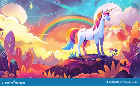 Colorful Illustration Of A Majestic Unicorn Standing On A Hilltop With