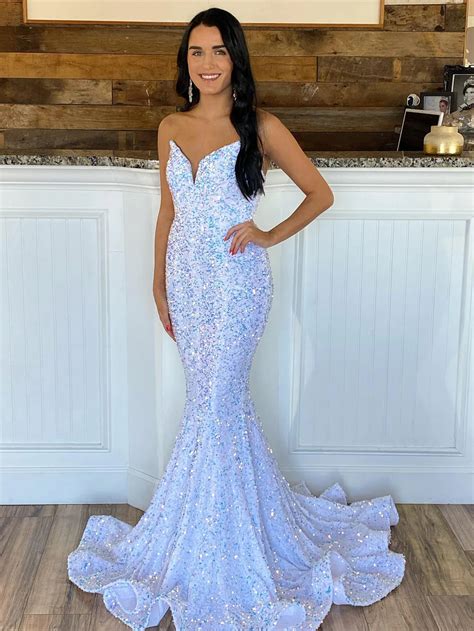Long Red Sequins Prom Dresses Mermaid Strapless Formal Dress Mychicdress