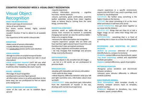 Wk Visual Object Recognition Notes COGNITIVE PSYCHOLOGY WEEK VISUAL OBJECT RECOGNITION