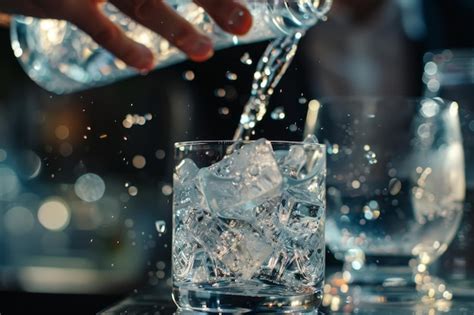 Pouring Drink In Bar Barman Hands Pour Gin Glass With Ice Closeup
