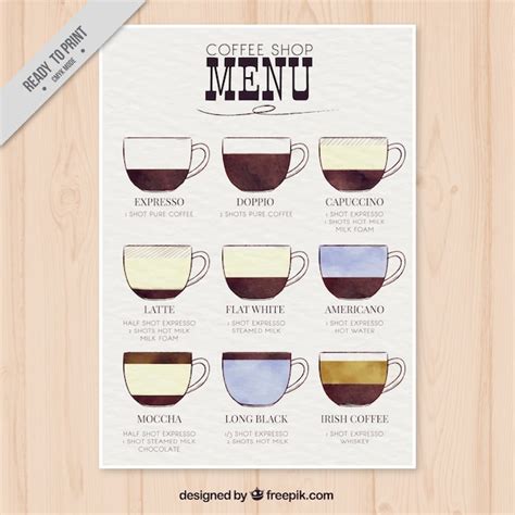 Menú con diferentes tipos de café de acuarela Vector Gratis