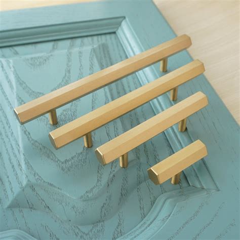 Solid Brass Kitchen Cabinet Drawer Knobs And Handles Gold Hexagon Furniture Dresser Cupboard