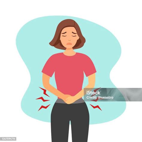여자는 흰색 배경에 위 개념 벡터 그림에 통증을 느낀다 설사 또는 변비 복부 질병과 질병 평면 디자인의 기간 통증 급통증에 대한