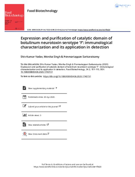 Pdf Expression And Purification Of Catalytic Domain Of Botulinum Neurotoxin Serotype ‘f