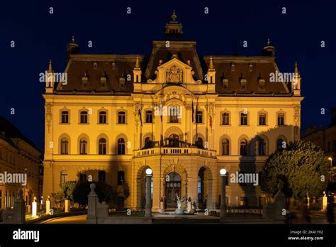 The University Of Ljubljana Main Building At Night In City Of Ljubljana