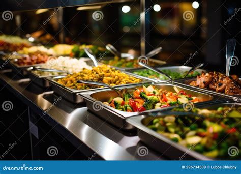 Catering Buffet Food On A Long Table In A Hotel Restaurant Stock