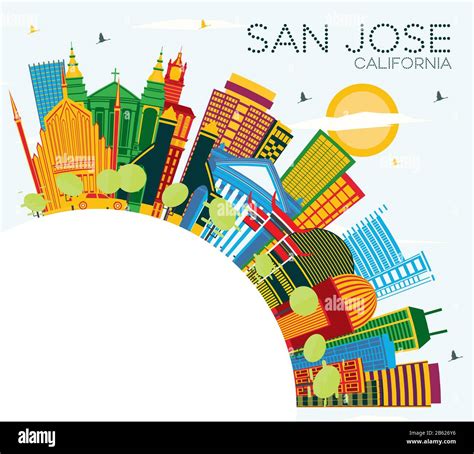San Jose California Skyline With Color Buildings Blue Sky And Copy