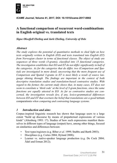Pdf A Functional Comparison Of Recurrent Word Combinations In English Original Vs Translated
