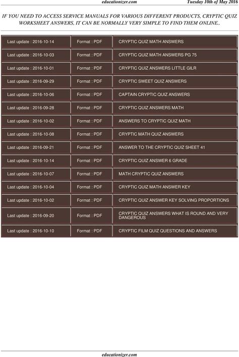 Cryptic Quiz Worksheet Answers — Db
