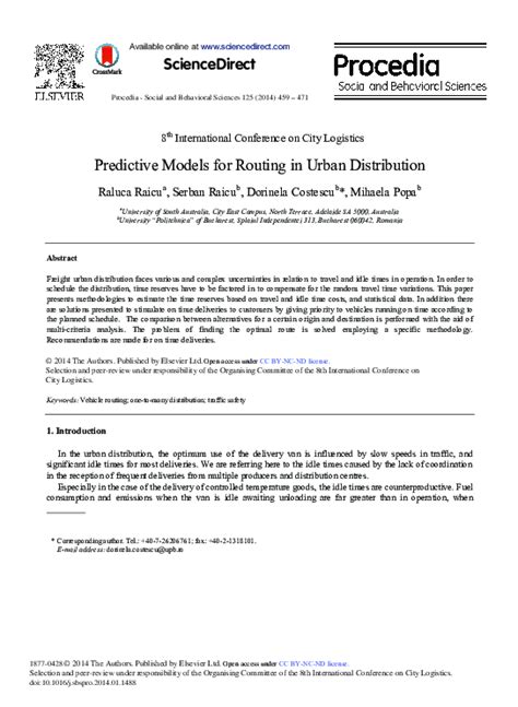 Pdf Predictive Models For Routing In Urban Distribution Dorinela Costescu