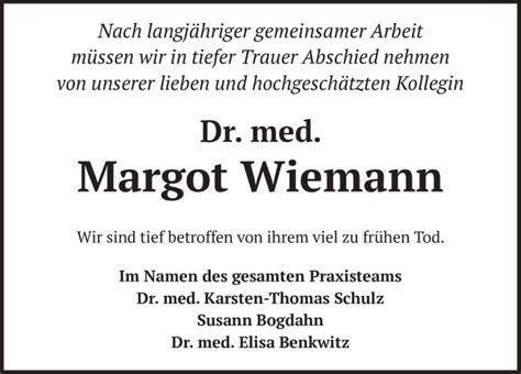 Traueranzeigen Von Dr Med Margot Wiemann Abschied Nehmen De