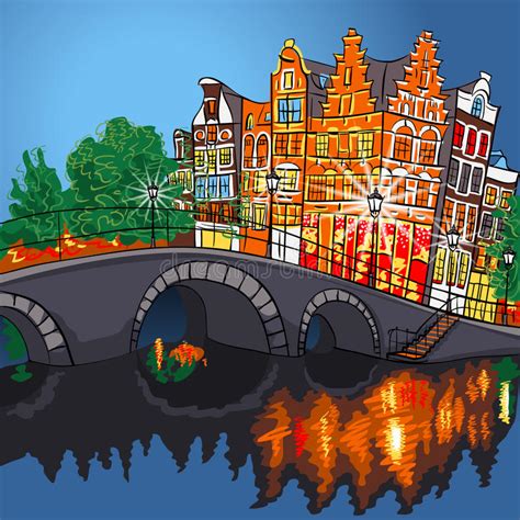 Vector Nachtstadtansicht Von Amsterdam Kanal Und Brücke Vektor