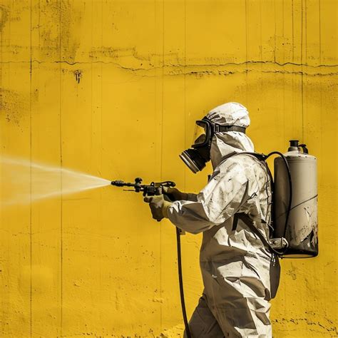 A Health Workers In Hazmat Suit Clothes And Gas Mask Spraying