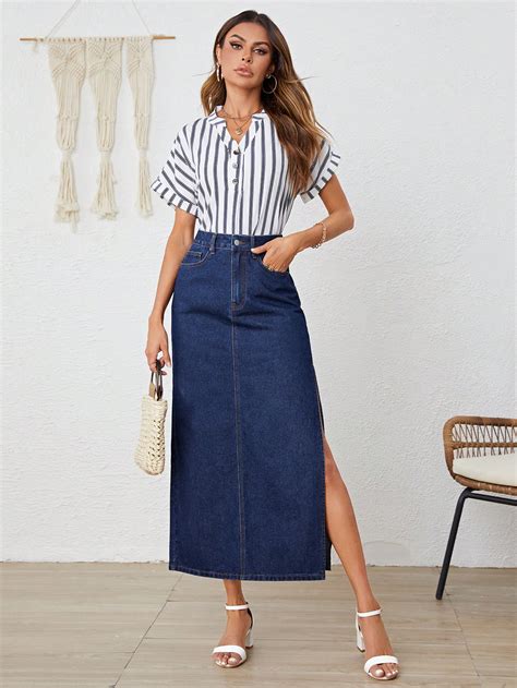 SHEIN LUNE Solid Split Thigh Denim Skirt SHEIN USA