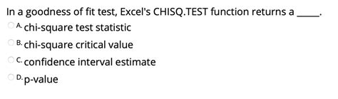 In A Goodness Of Fit Test Excels Chisqtest Function Returns A A Chi Square Test Statistic B Chi